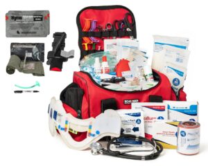 scherber fully-stocked first responder bag | professional emt/ems trauma & bleeding medical kit | hsa/fsa approved | cat tourniquet, hyfin chest seal, israeli bandage & 250+ first aid supplies (red)