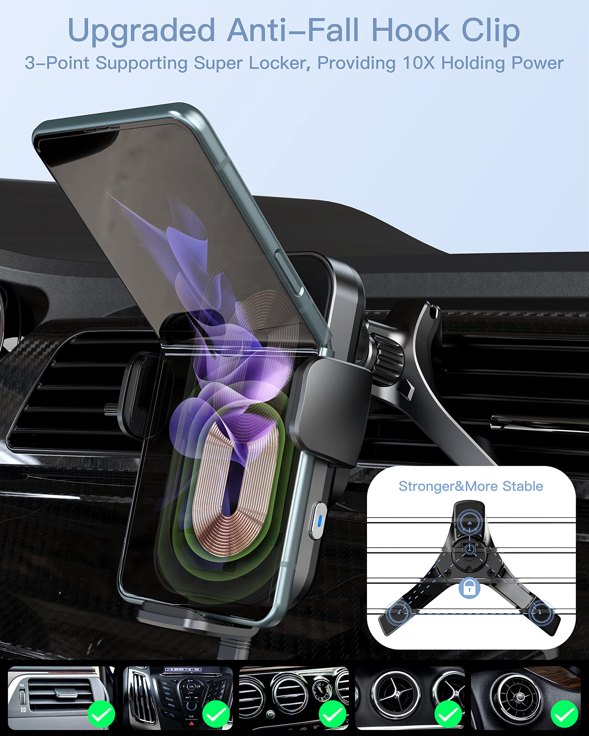 [Adjustable Dual Coils] Wireless Car Charger, ZeeHoo 15W Fast Charging Auto-Clamping Car Mount, Air Vent Phone Holder for iPhone 14 13 12 Pro Max Mini/Samsung Galaxy Z Flip 4 3 5G S21/LG/Pixel 6 Pro