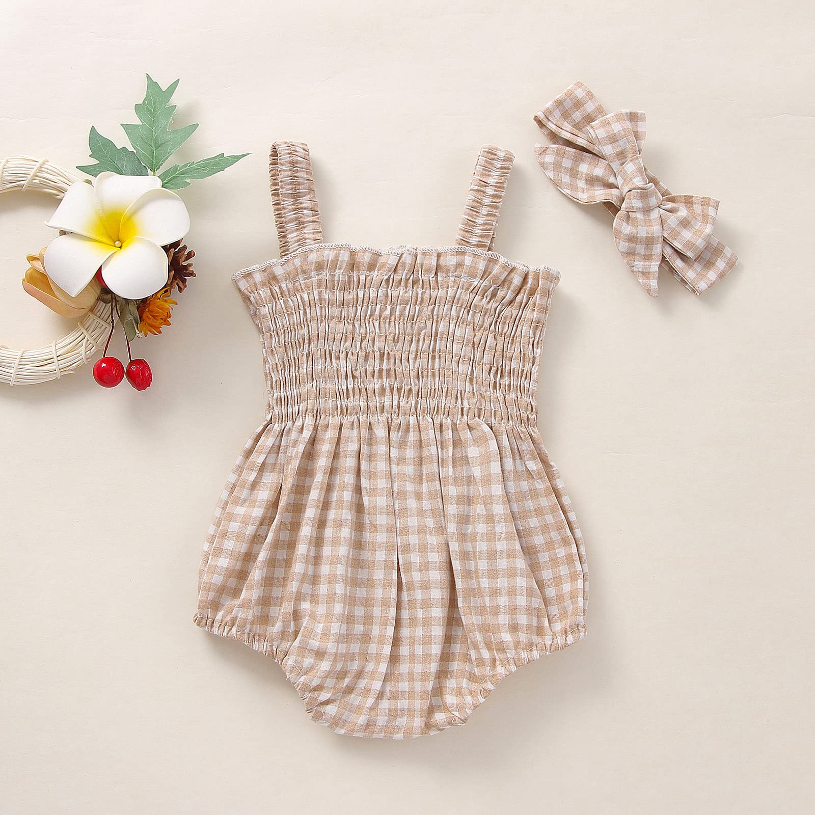 MERSARIPHY Newborn Baby Girl Summer Clothes Cotton Linen Bodysuit Romper Floral Pleated Tops with Headband (3-6 Months, Plaid)