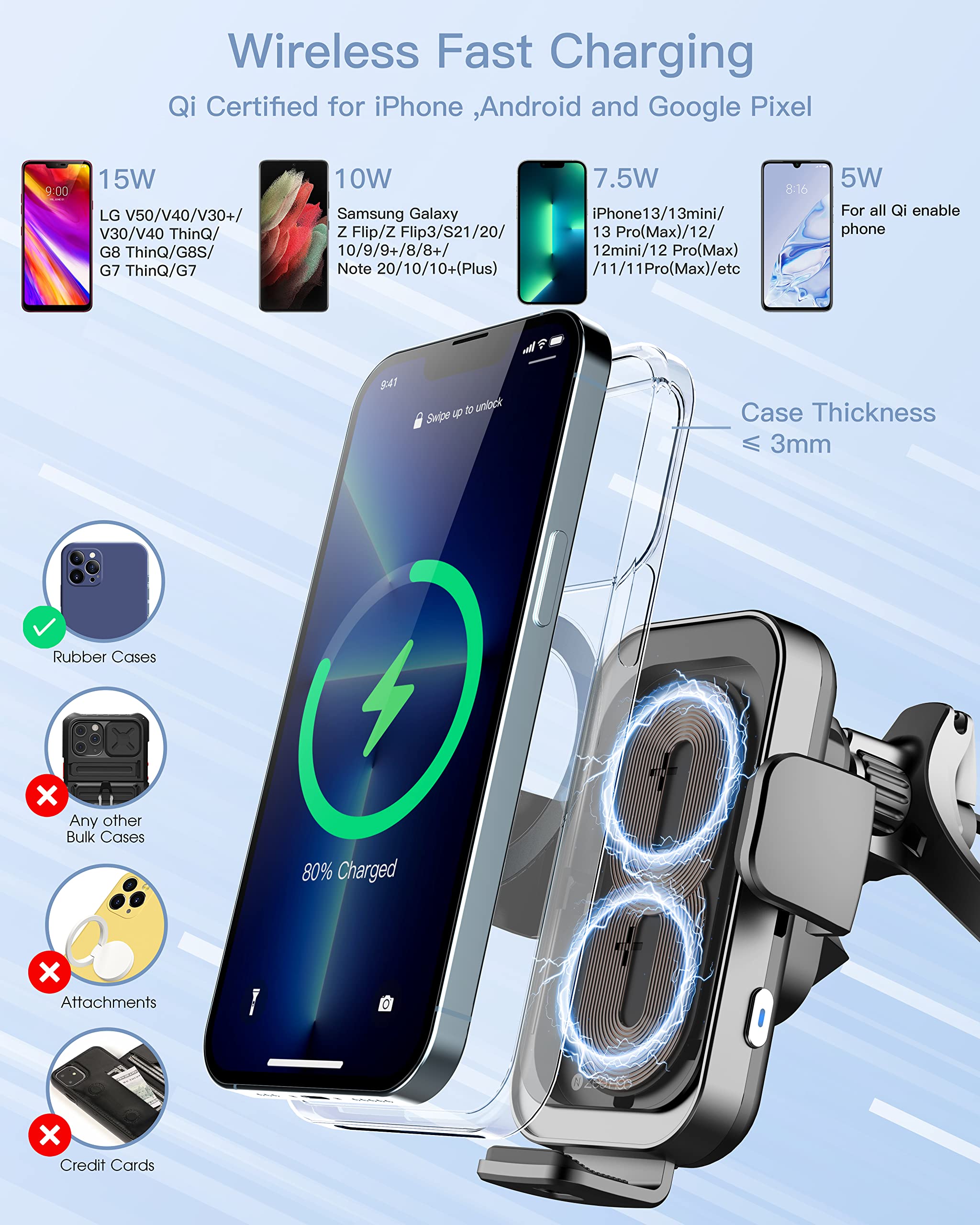 [Adjustable Dual Coils] Wireless Car Charger, ZeeHoo 15W Fast Charging Auto-Clamping Car Mount, Air Vent Phone Holder for iPhone 14 13 12 Pro Max Mini/Samsung Galaxy Z Flip 4 3 5G S21/LG/Pixel 6 Pro