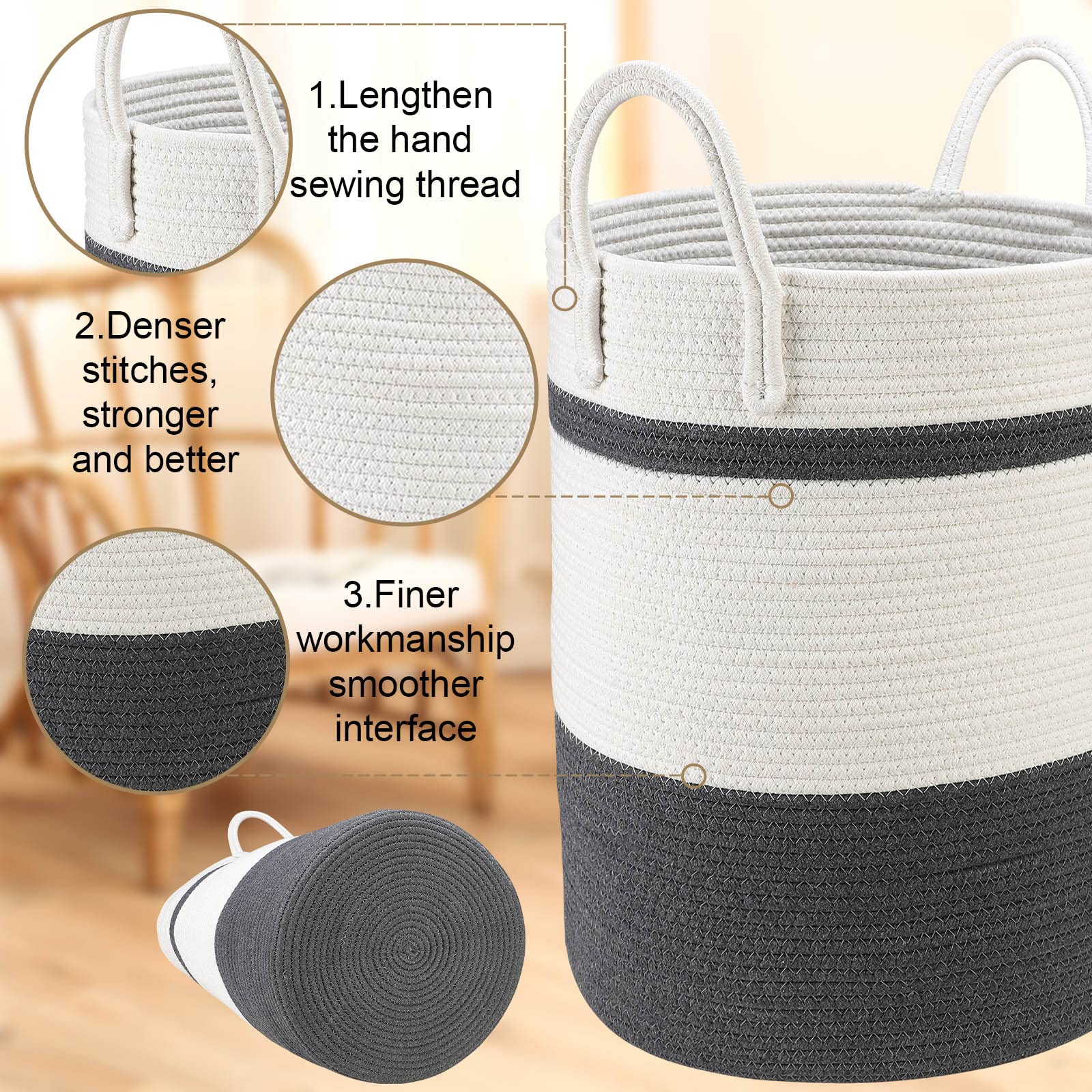 NPNG Large Cotton Rope Storage Basket,19.68"x14.96" Decorative Woven Cotton Rope Basket, Laundry Basket, Blanket Basket, Baby and Dog Toy Storage Baskets Kid Laundry Hamper Towel Basket