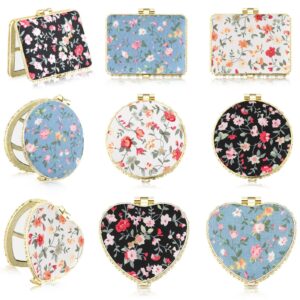 9 pcs retro compact mirrors portable compact travel mirror flowers folding mirrors vintage purse mirrors floral pocket mirror for women girls beauty, round, square, heart (gold edge,flower pattern)