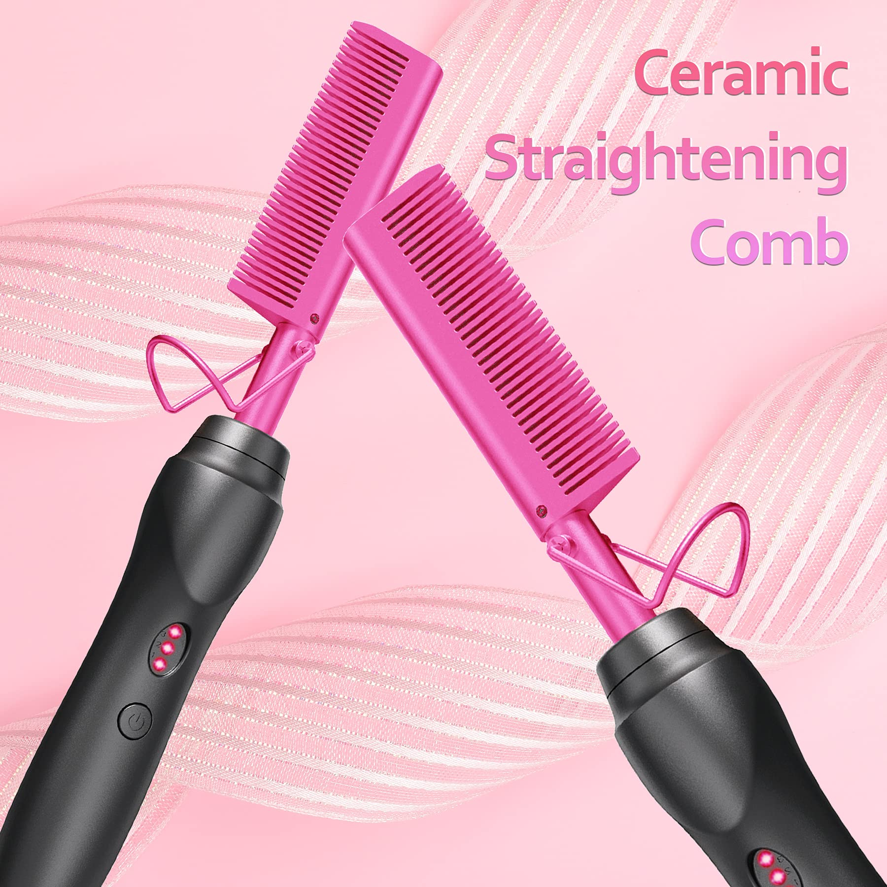 Hot Comb Hair Straightener Heat Pressing Combs - Ceramic Electric Hair Straightening Comb, Curling Iron for Natural Black Hair Beard Wigs Holiday Gift - Pink