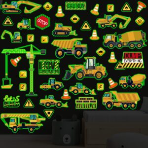 Gersoniel Glow in The Dark Truck Stickers Construction Wall Decals Cartoon Wall Stickers Truck Car Excavator Decorative Wall Stickers Glowing Construction Wall Stickers for Bedroom Nursery