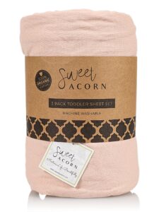 sweet acorn 3 piece toddler bedding sets - organic cotton jersey knit - fits convertible cribs and mattresses - 9" x 28" x 52" - dahlia pink