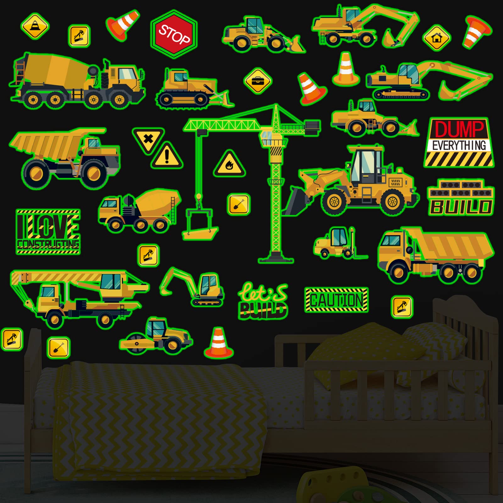 Gersoniel Glow in The Dark Truck Stickers Construction Wall Decals Cartoon Wall Stickers Truck Car Excavator Decorative Wall Stickers Glowing Construction Wall Stickers for Bedroom Nursery