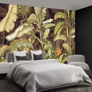 Fightal - Black and Gold Banana Leaf Wallpaper Tropical Botanical Plant Floral Large Wall Mural for Living Room Bedroom (Papel tapiz para pared de habitacion) 195"x120" (Not Peel and Stick)