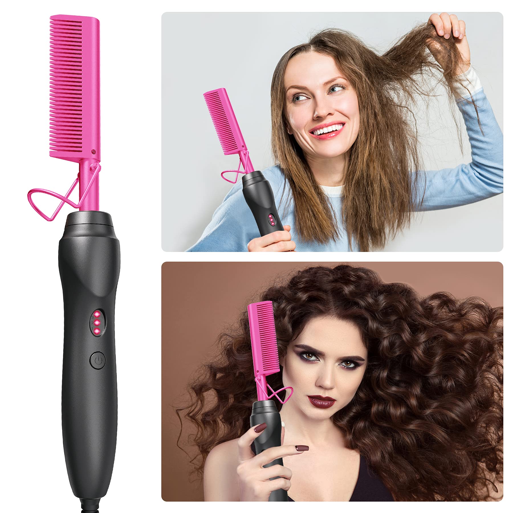 Hot Comb Hair Straightener Heat Pressing Combs - Ceramic Electric Hair Straightening Comb, Curling Iron for Natural Black Hair Beard Wigs Holiday Gift - Pink