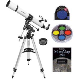 orion observer 90mm equatorial refractor telescope kit for adults & families - portable beginner telescope kit for the moon, planets & stars