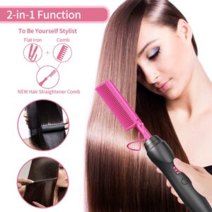 Hot Comb Hair Straightener Heat Pressing Combs - Ceramic Electric Hair Straightening Comb, Curling Iron for Natural Black Hair Beard Wigs Holiday Gift - Pink