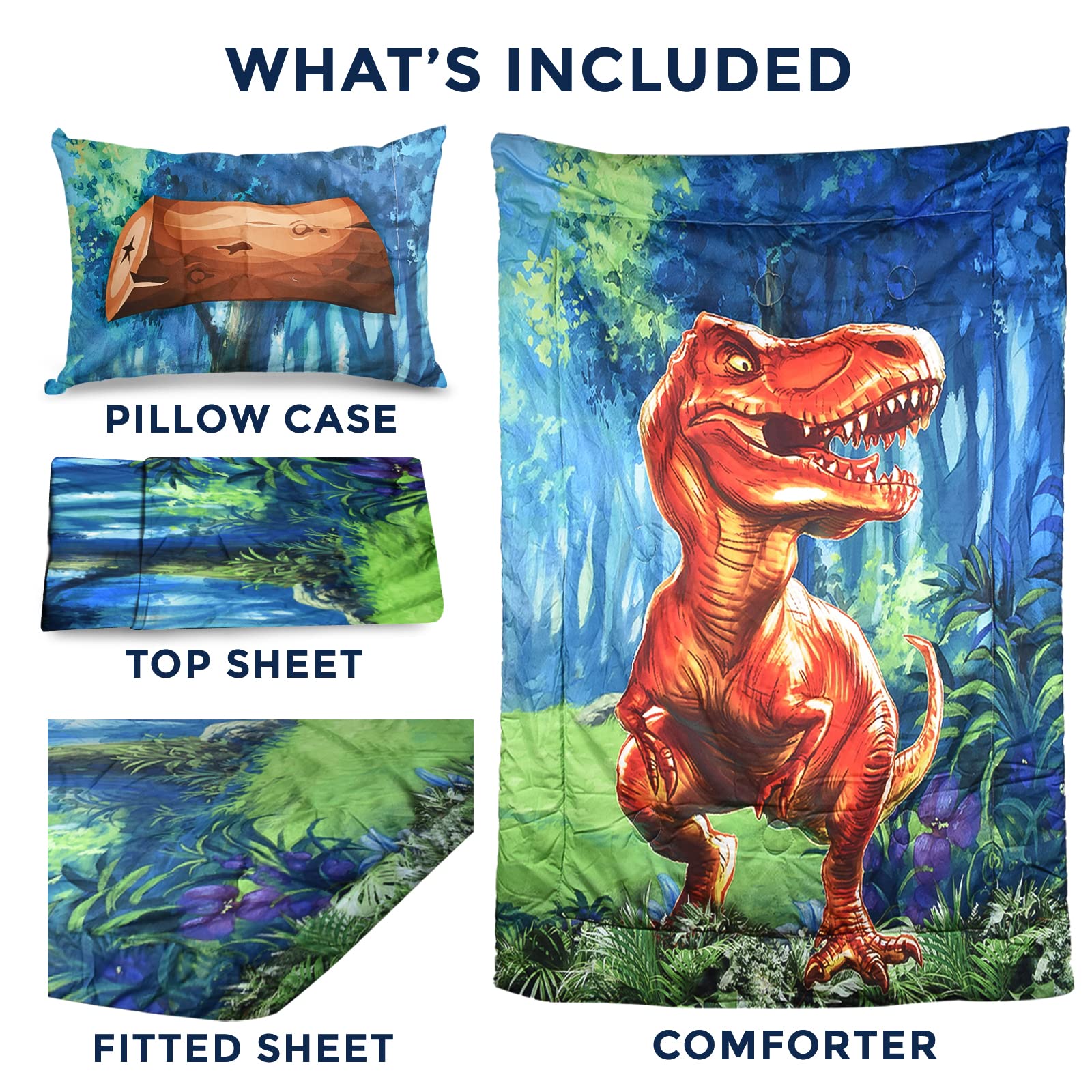 Toy To Enjoy Complete 4-Piece Toddler Dinosaur Bedding Set Premium Microfiber Set with Comforter, Top Sheet, Fitted Sheet & Pillowcase- Crib & Toddler Mattress Dino Sheet Set for Boys and Girls