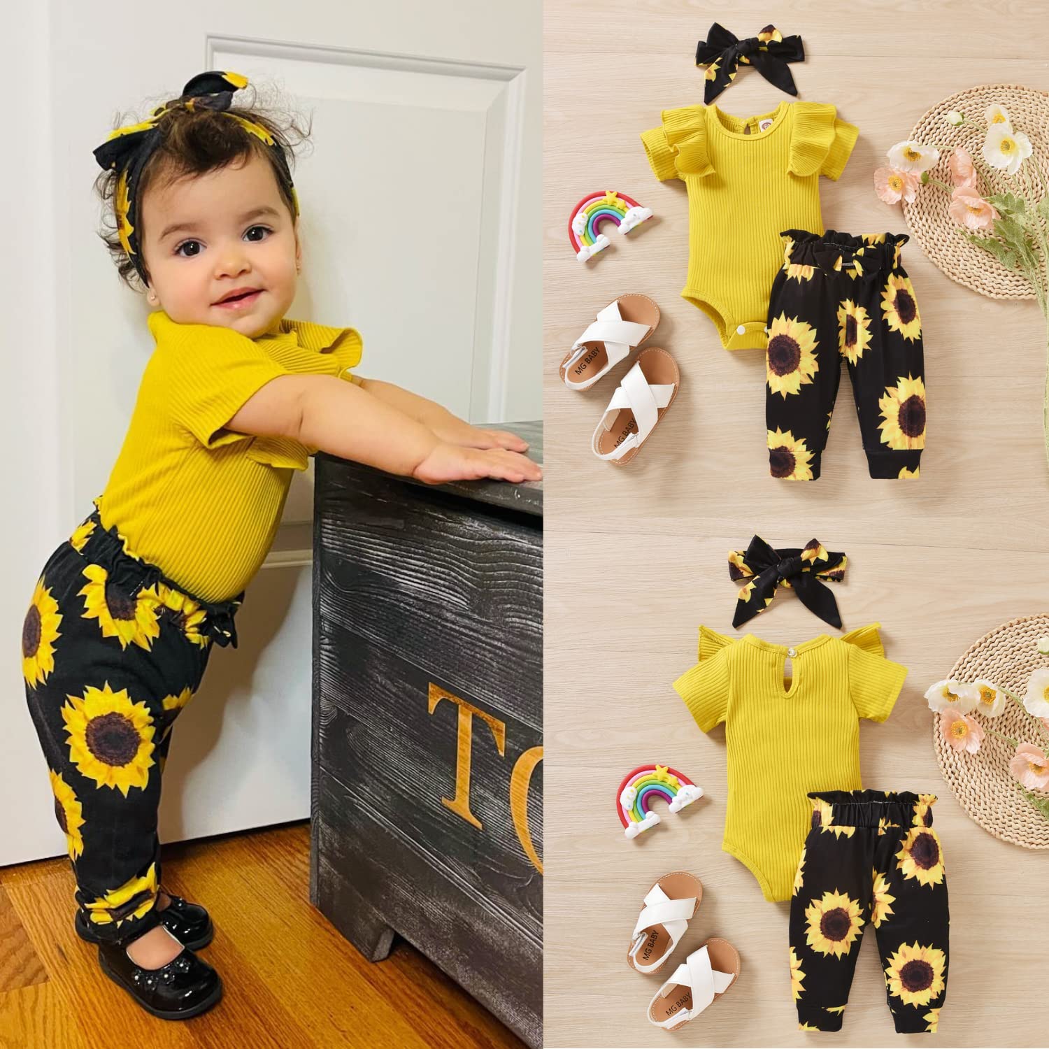 Unutiylo Preemie Baby Girl Clothes Ribbed Pants Set Ruffle Clothing Set Short Sleeve Sunflower Summer Outfits Yellow