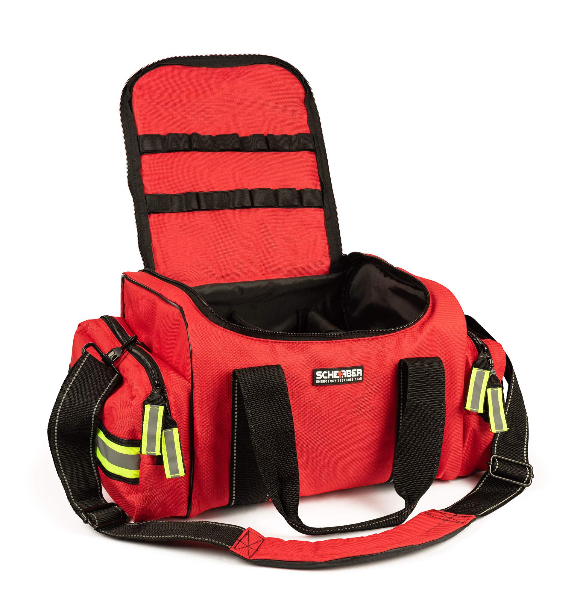 Scherber Fully-Stocked First Responder Bag | Professional EMT/EMS Trauma & Bleeding Medical Kit | HSA/FSA Approved | CAT Tourniquet, HyFin Chest Seal, Israeli Bandage & 250+ First Aid Supplies (Red)