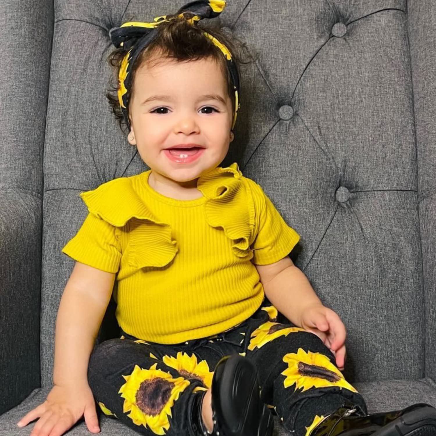 Unutiylo Preemie Baby Girl Clothes Ribbed Pants Set Ruffle Clothing Set Short Sleeve Sunflower Summer Outfits Yellow