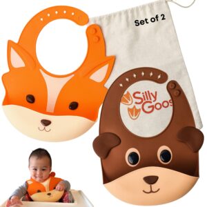 silly goose set of 2 silicone animal baby bibs for babies and toddlers, waterproof, adjustable, soft, extra wide food catcher pocket (2pk fox+bear)