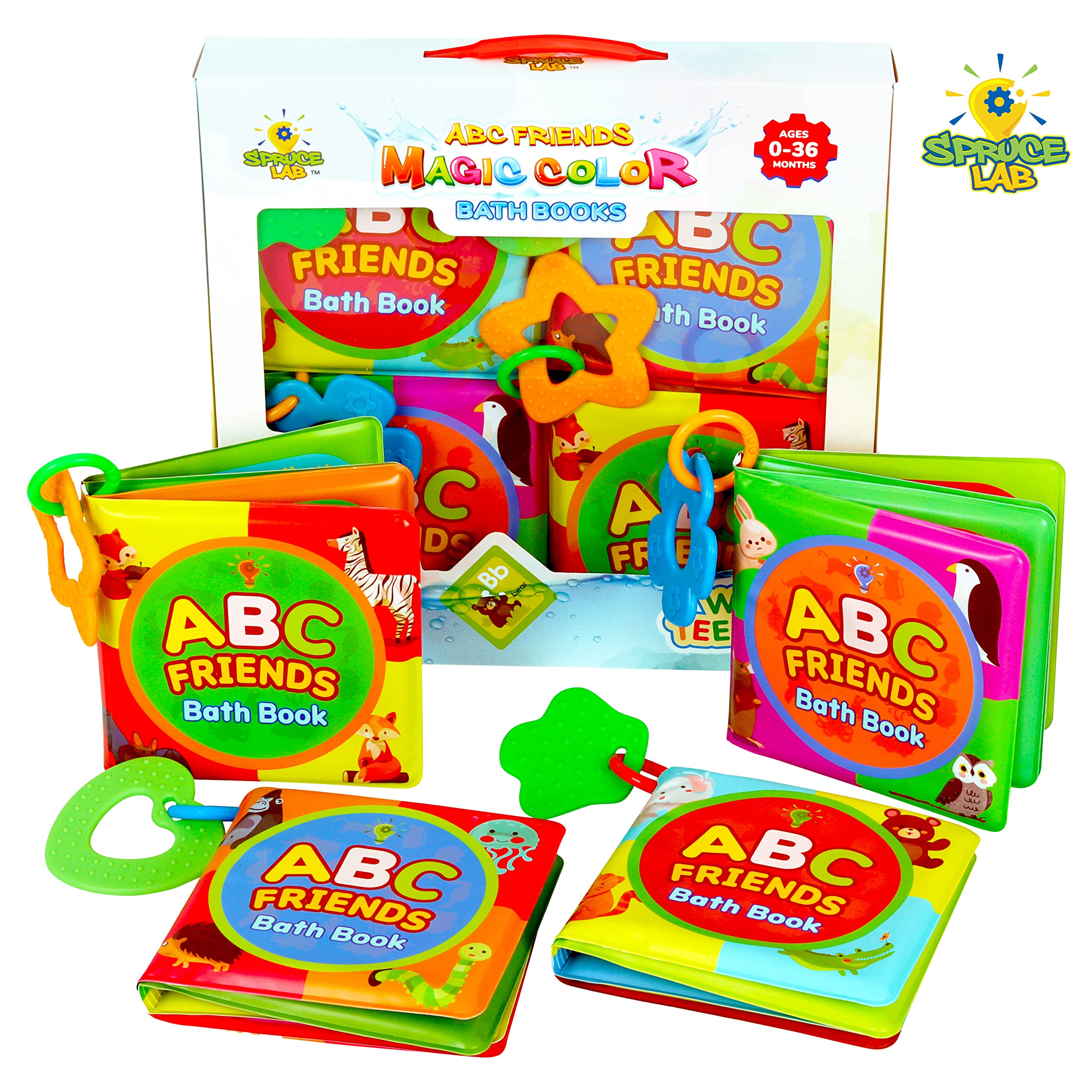 Spruce Lab ABC Friends Magic Color Bath Books - 4 Bath Book Set - Educational Baby Bath Toys - Magic Appearing Animals in Water - Teething Toys for Babies - Boy/Girl Baby Bathtub Books Baby Shower Toy