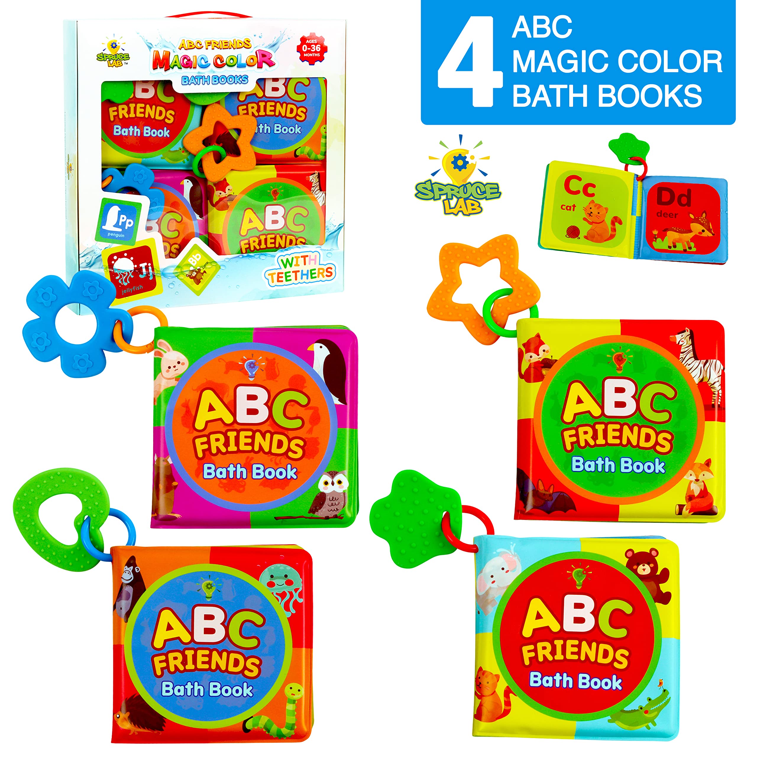 Spruce Lab ABC Friends Magic Color Bath Books - 4 Bath Book Set - Educational Baby Bath Toys - Magic Appearing Animals in Water - Teething Toys for Babies - Boy/Girl Baby Bathtub Books Baby Shower Toy