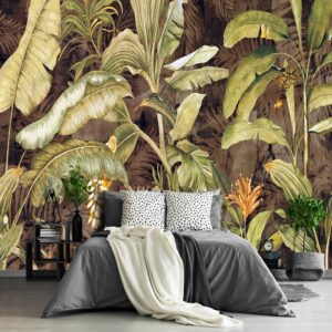 fightal - black and gold banana leaf wallpaper tropical botanical plant floral large wall mural for living room bedroom (papel tapiz para pared de habitacion) 195"x120" (not peel and stick)