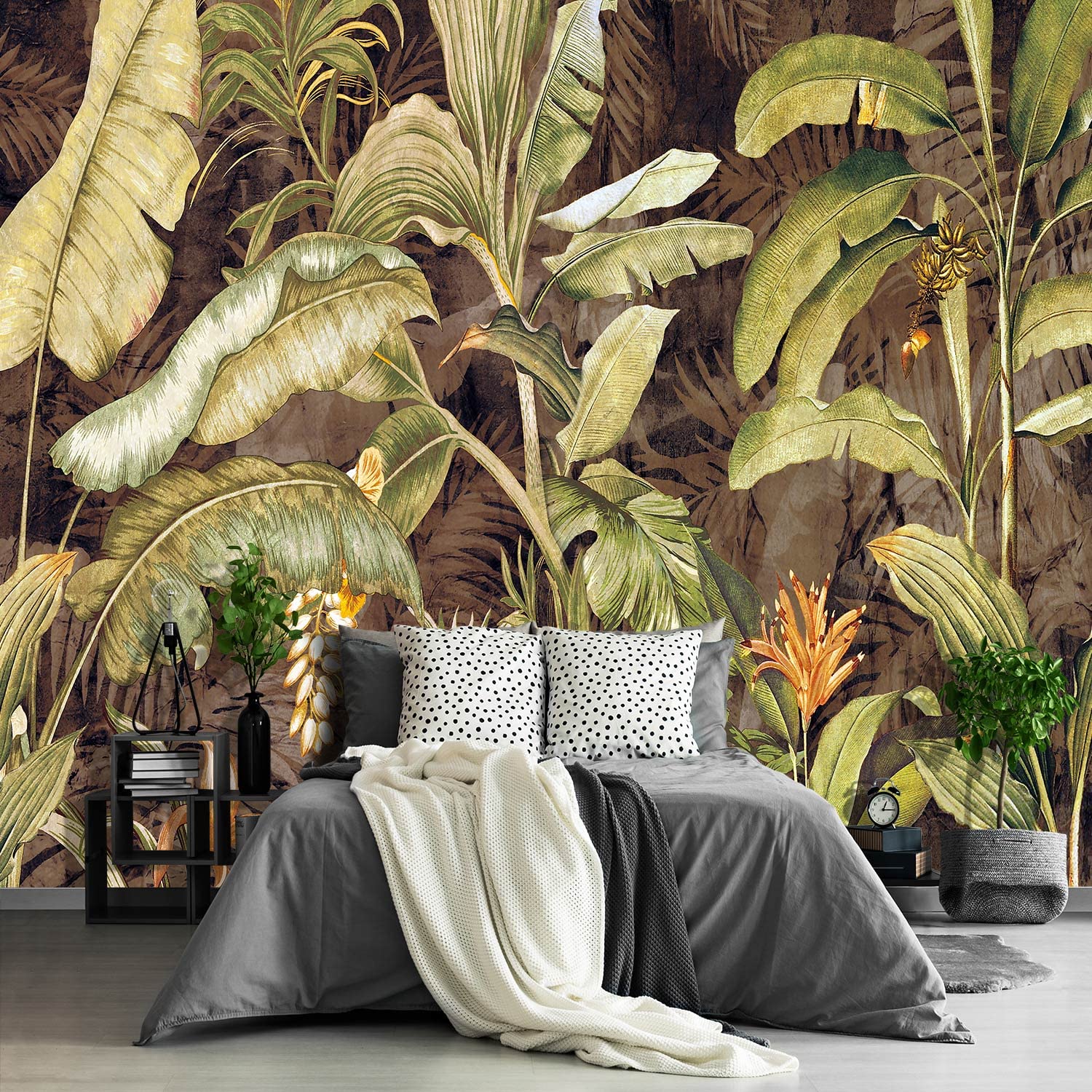 Fightal - Black and Gold Banana Leaf Wallpaper Tropical Botanical Plant Floral Large Wall Mural for Living Room Bedroom (Papel tapiz para pared de habitacion) 195"x120" (Not Peel and Stick)