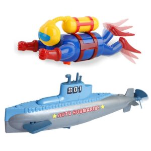 wind-up diver submarine bath toy, funny swimming frogman pigboat scuba diver sub bathtub toy clockwork submarine tub toy diver water toy for kids (diver+submarine)