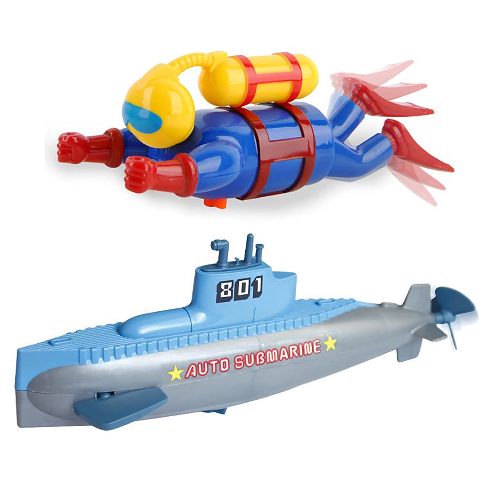 Wind-up Diver Submarine Bath Toy, Funny Swimming Frogman Pigboat Scuba Diver SUB Bathtub Toy Clockwork Submarine Tub Toy Diver Water Toy for Kids (Diver+Submarine)