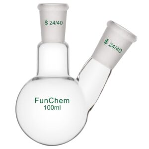 funchem glass round bottom flask 24/40, 2 neck round bottom receiving boiling flask rbf, with 24/40 standard taper outer joint, 100 ml