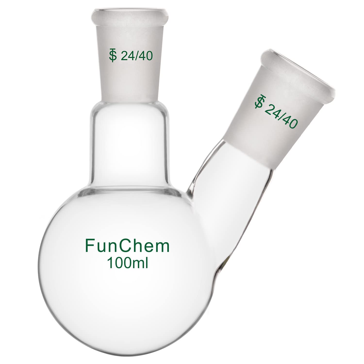 FunChem Glass Round Bottom Flask 24/40, 2 Neck Round Bottom Receiving Boiling Flask RBF, with 24/40 Standard Taper Outer Joint, 100 mL