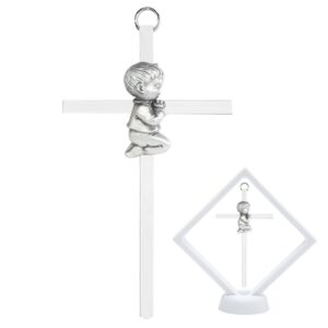 christmas gifts for boy,baby baptism wall cross, silver blessing christening crosses, baptismal gifts from godparents, first holy communion, birthday, baby shower, white display box 4 inch