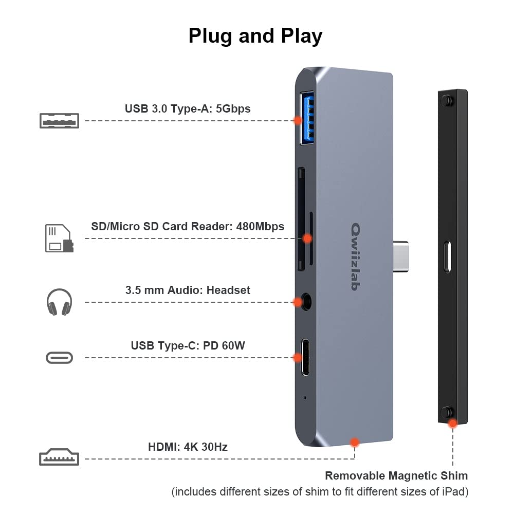 QWIIZLAB USB C Hub, 6-in-1 Adapter with HDMI 4K PD 60W USB 3.0 SD/microSD Card Reader 3.5mm Audio Jack for iPad Pro M1/M2/M4, iPad Air M1/M2, iPad Mini 6