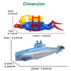 Wind-up Diver Submarine Bath Toy, Funny Swimming Frogman Pigboat Scuba Diver SUB Bathtub Toy Clockwork Submarine Tub Toy Diver Water Toy for Kids (Diver+Submarine)