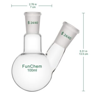 FunChem Glass Round Bottom Flask 24/40, 2 Neck Round Bottom Receiving Boiling Flask RBF, with 24/40 Standard Taper Outer Joint, 100 mL