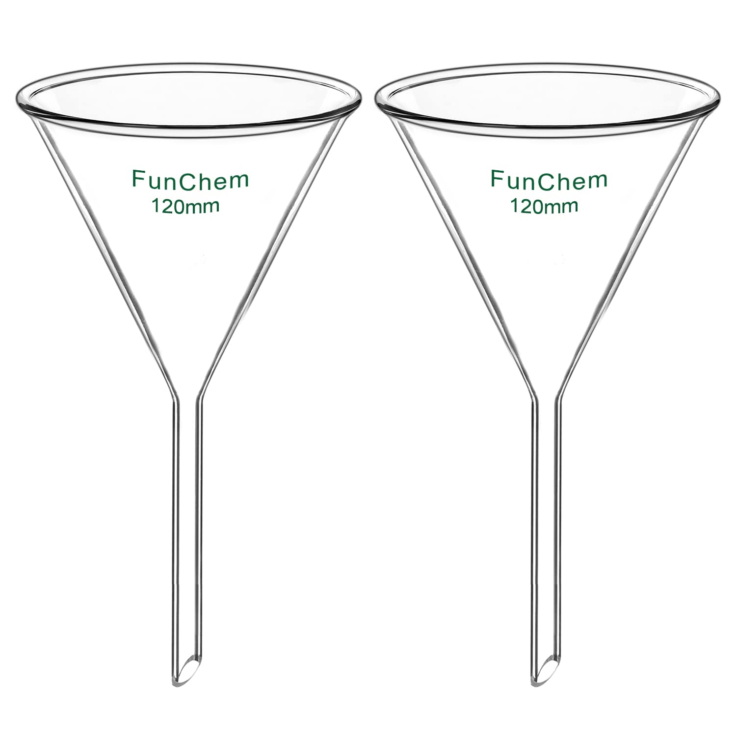 FunChem (2 Pack) Glass Funnel Short Stem Borosilicate Glass Lab Filter Funnel, 120 mm Diameter and Stem Length