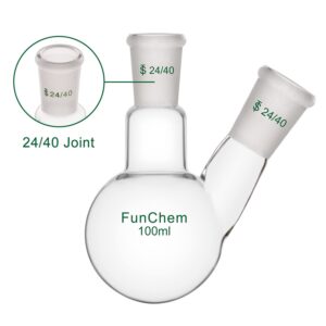 FunChem Glass Round Bottom Flask 24/40, 2 Neck Round Bottom Receiving Boiling Flask RBF, with 24/40 Standard Taper Outer Joint, 100 mL