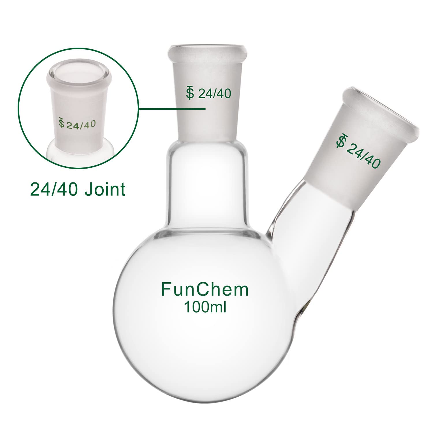 FunChem Glass Round Bottom Flask 24/40, 2 Neck Round Bottom Receiving Boiling Flask RBF, with 24/40 Standard Taper Outer Joint, 100 mL