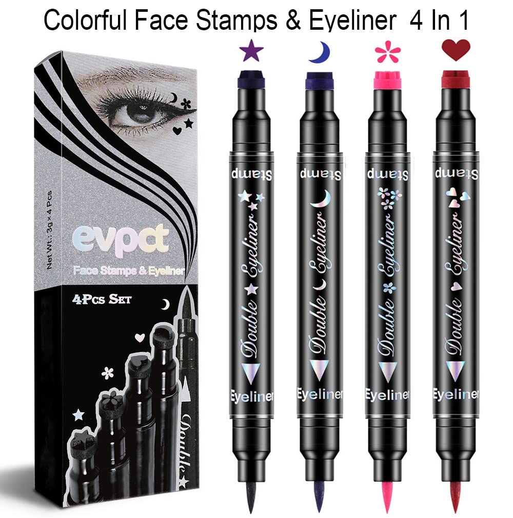 evpct Colored Winged Eyeliners Stamp 4in1 Stars Flowers Hearts Moon Colorful Face Stamps Makeup Eyeliner Eye Stamp Liners Tool Set Kit for Women Purple Blue Red Pink Eyeliner Stamp Wingliner Shapes 02