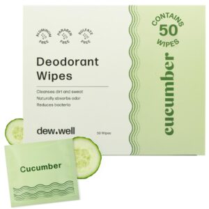 dew well - deodorant wipes - a fresh start when you’re on the go - aluminum, paraben, and sulfate free - rose scent - 50 individually wrapped wipes