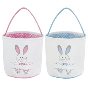 easter bunny basket egg bags for kids canvas tote bags buckets for easter eggs personalized candy egg basket with rabbit print easter tote bag party candy storage decoration（2pcs）