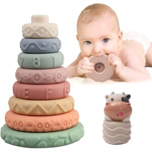 maikerry 9pcs stacking and nesting circle toy with cow,soft rings building stacker squeeze toy,early educational learning stacking blocks tower, montessori toys for 1,2,3 year old