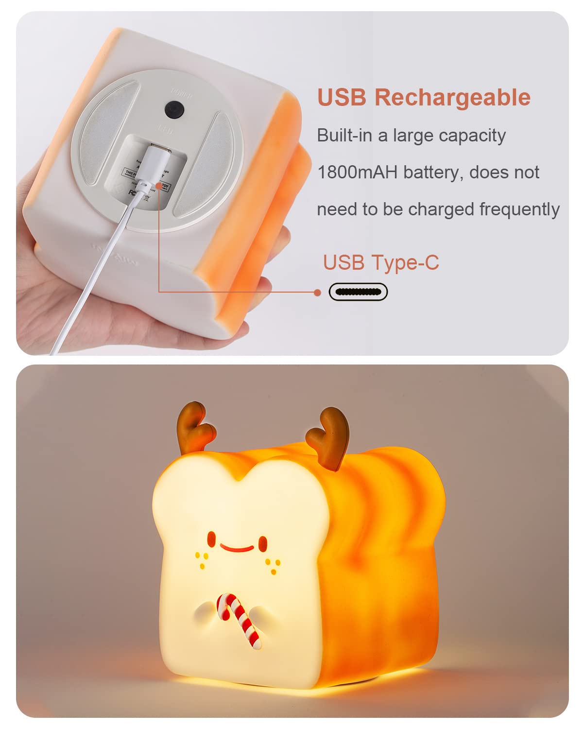 MIVANI Kids Toast USB Rechargeable Night Light, Touch Sensor, 1 Hour Timer, LED Silicone Night Light, Toddler Boy Nursery Nightlight, Cute Teen Girl Gift, Kawaii Room Decor