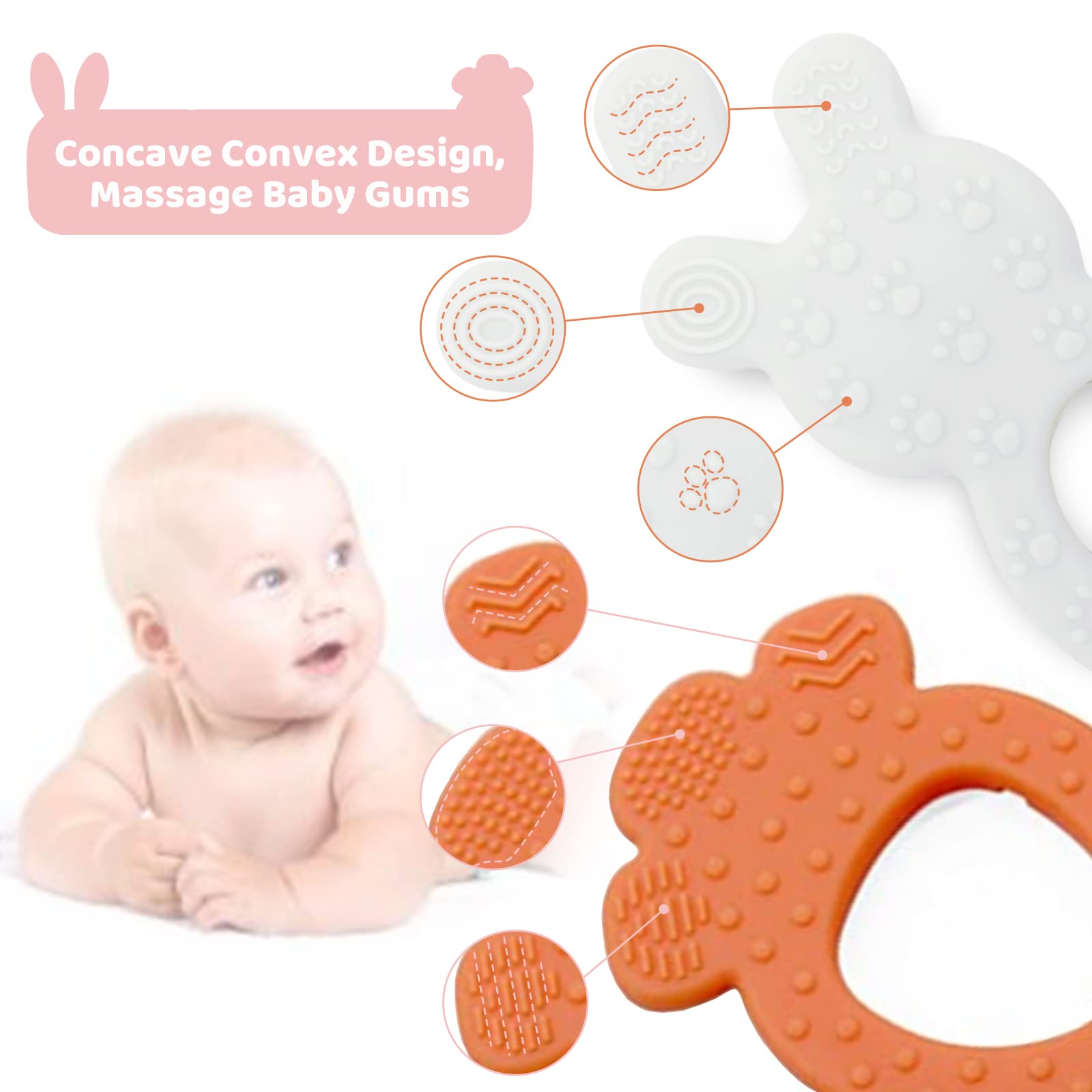 Teething Toys for Babies, PAPACHOO 2 Pack Bunny Carrot Super Soft Silicone Baby Soothing Teether Toy, Chew Silicone Infant Toys for Baby Teething Relief, Bpa Free