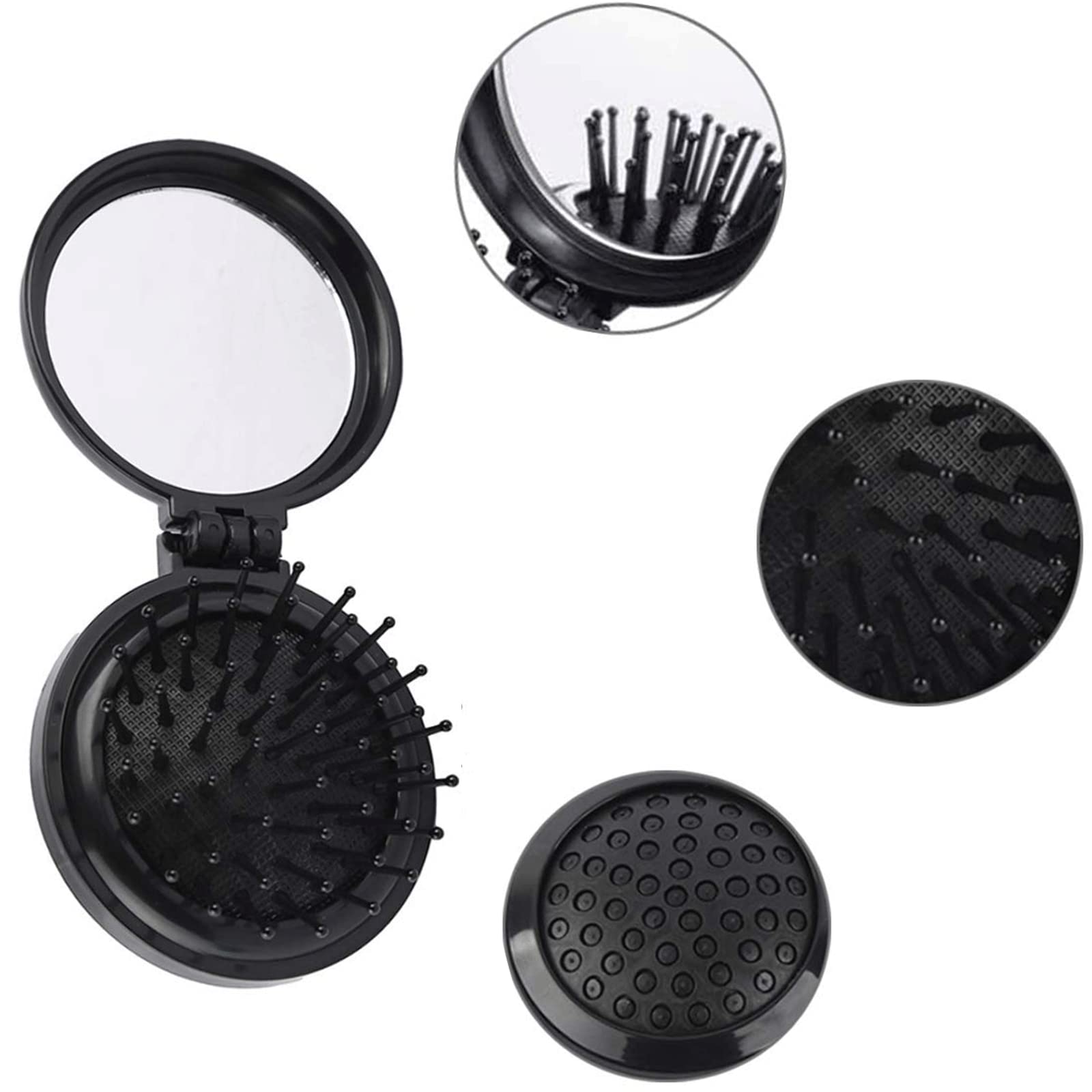 Serrale Folding Hair Brush Mini Round Comb with Mirror Portable Travel HairBrush Pocket Compact Massage Combor for Women & Girls Small Purse, Gym, Trip, School Camping(Black), 2.5x7.5x6.5cm