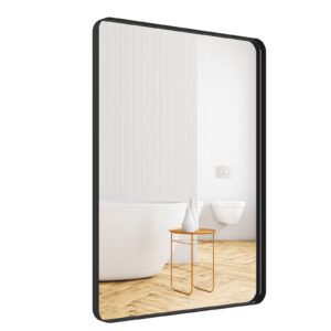 black bathroom mirror for wall, 24" x 36" black metal framed rounded rectangle mirror, matte black vanity mirror farmhouse, anti-rust, hd float glass, hangs horizontal or vertical