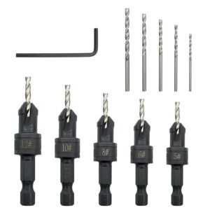 82° countersink drill bit set for wood, hss counter sinker drill bits set 5-piece 3/8" quick change adjustable drill bits sink hole drilling tool kit on pilot counter sink holes for woodworking tools