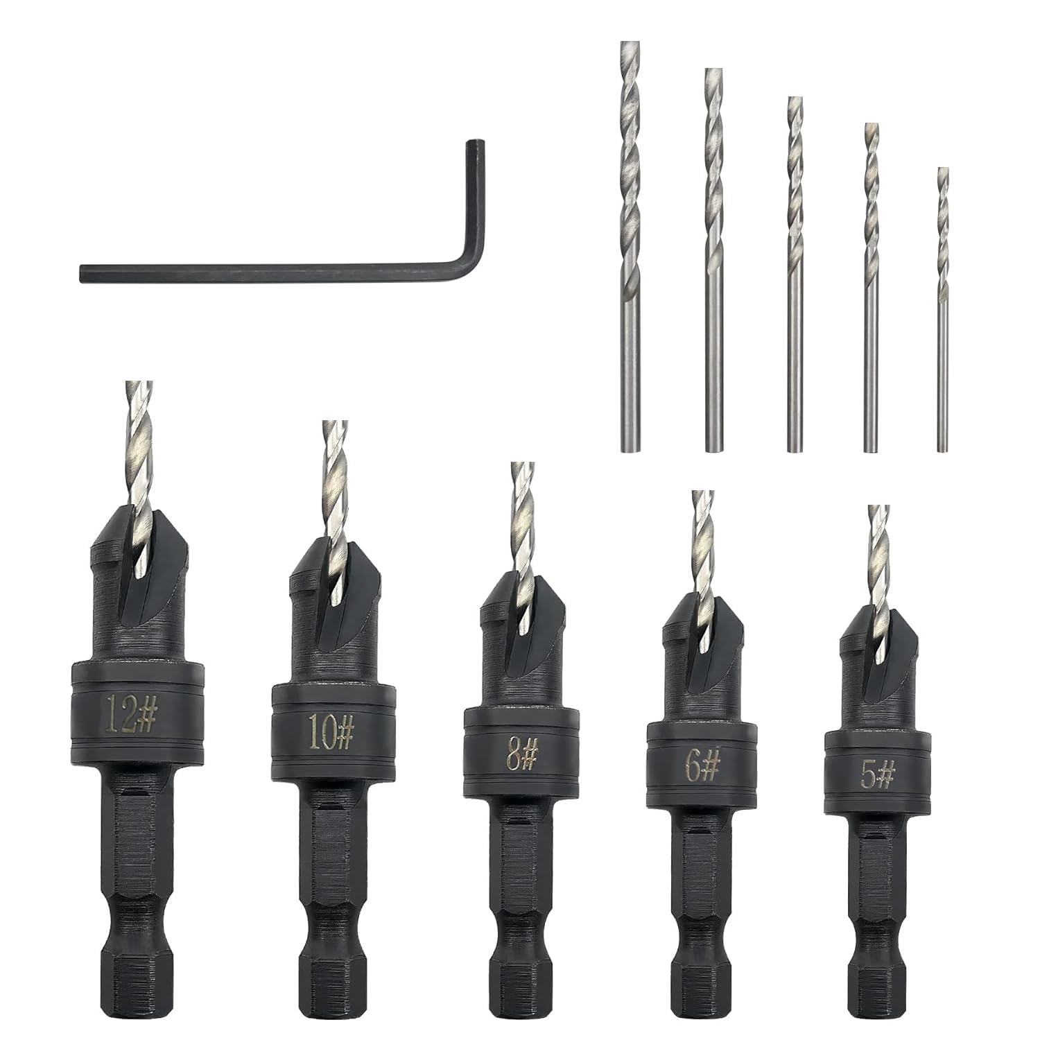 82° Countersink Drill Bit Set for Wood, HSS Counter Sinker Drill Bits Set 5-Piece 3/8" Quick Change Adjustable Drill Bits Sink Hole Drilling Tool Kit on Pilot Counter Sink Holes for Woodworking Tools