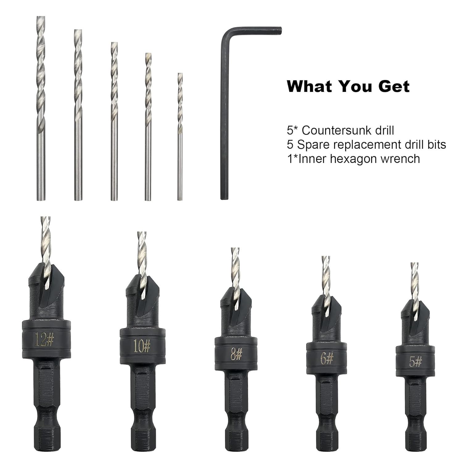 82° Countersink Drill Bit Set for Wood, HSS Counter Sinker Drill Bits Set 5-Piece 3/8" Quick Change Adjustable Drill Bits Sink Hole Drilling Tool Kit on Pilot Counter Sink Holes for Woodworking Tools