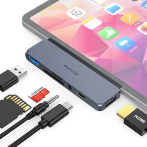 qwiizlab usb c hub, 6-in-1 adapter with hdmi 4k pd 60w usb 3.0 sd/microsd card reader 3.5mm audio jack for ipad pro m1/m2/m4, ipad air m1/m2, ipad mini 6