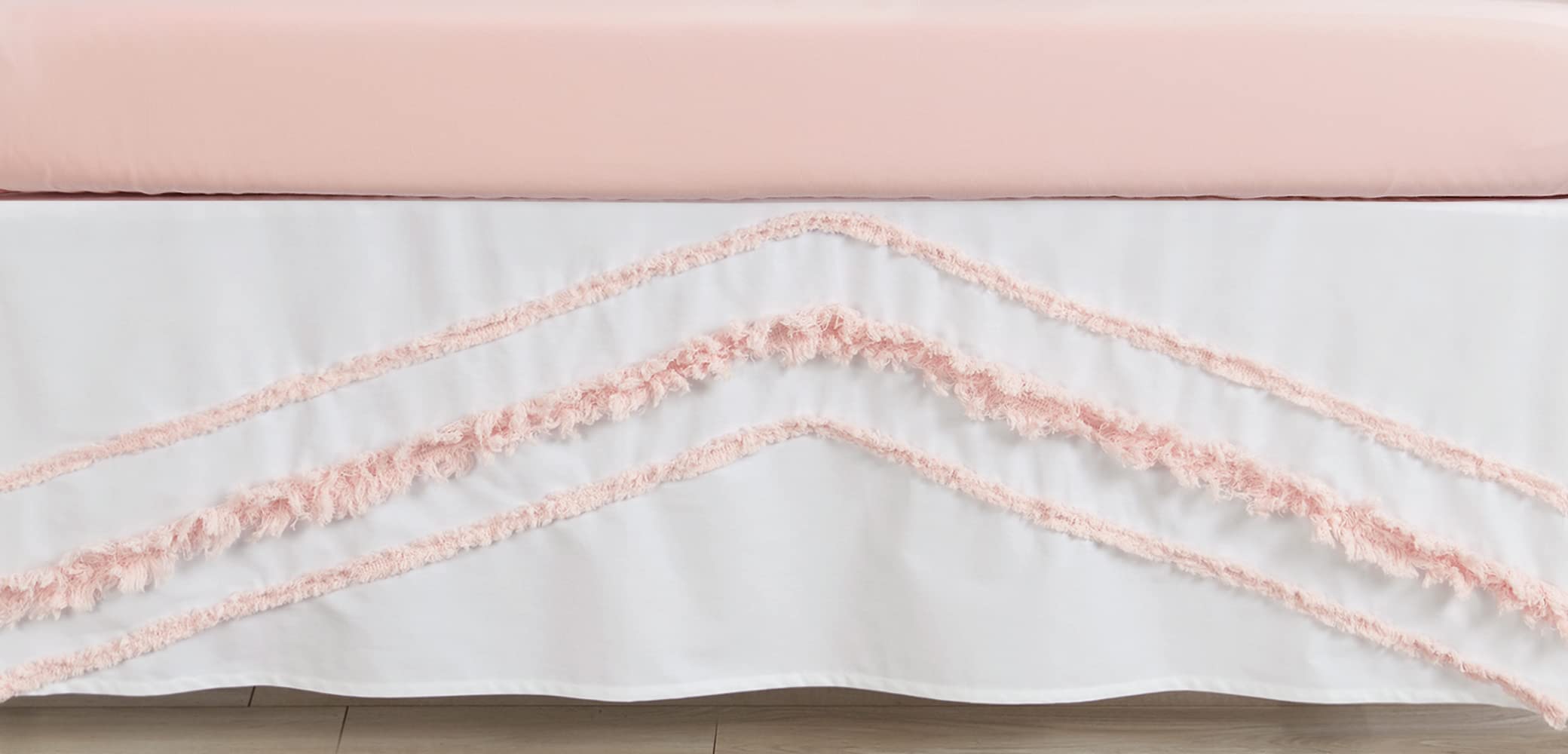 Sweet Jojo Designs Boho Bohemian Girl Baby Crib Bed Skirt Nursery Dust Ruffle - Blush Pink and White Farmhouse Shabby Chic Designer Modern Minimalist Tuft Tufted Fringe Macrame Cotton