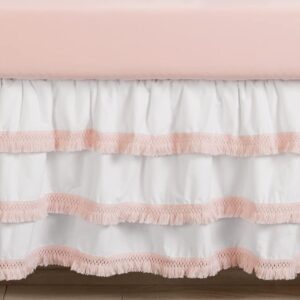 Sweet Jojo Designs Boho Bohemian Girl Baby Crib Bed Skirt Nursery Dust Ruffle - Blush Pink and White Farmhouse Shabby Chic Designer Modern Minimalist Ruffle Tassel Fringe Macrame Cotton