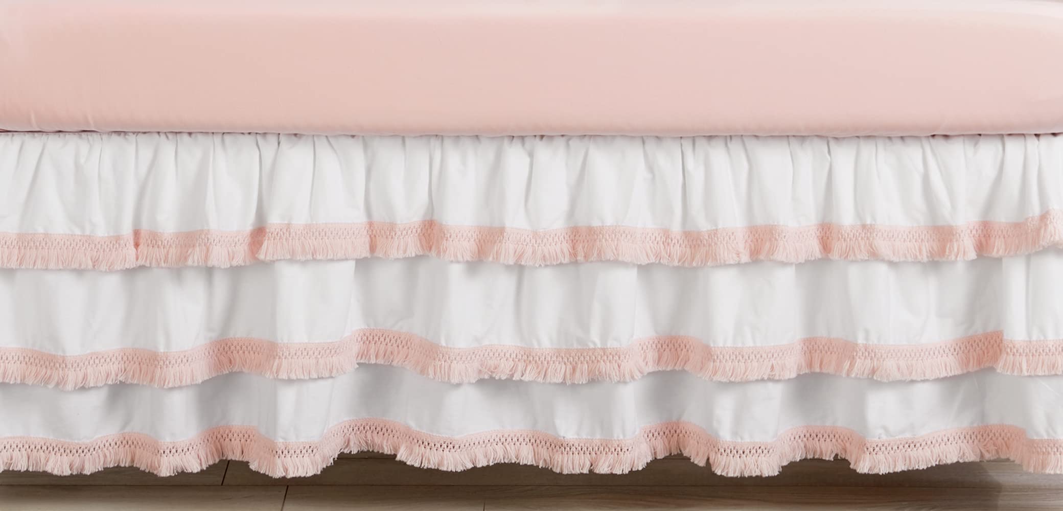 Sweet Jojo Designs Boho Bohemian Girl Baby Crib Bed Skirt Nursery Dust Ruffle - Blush Pink and White Farmhouse Shabby Chic Designer Modern Minimalist Ruffle Tassel Fringe Macrame Cotton