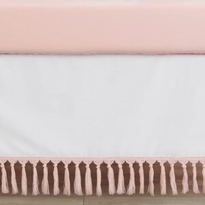 Sweet Jojo Designs Boho Bohemian Girl Baby Crib Bed Skirt Nursery Dust Ruffle - Blush Pink and White Farmhouse Shabby Chic Designer Modern Minimalist Tassel Fringe Macrame Cotton